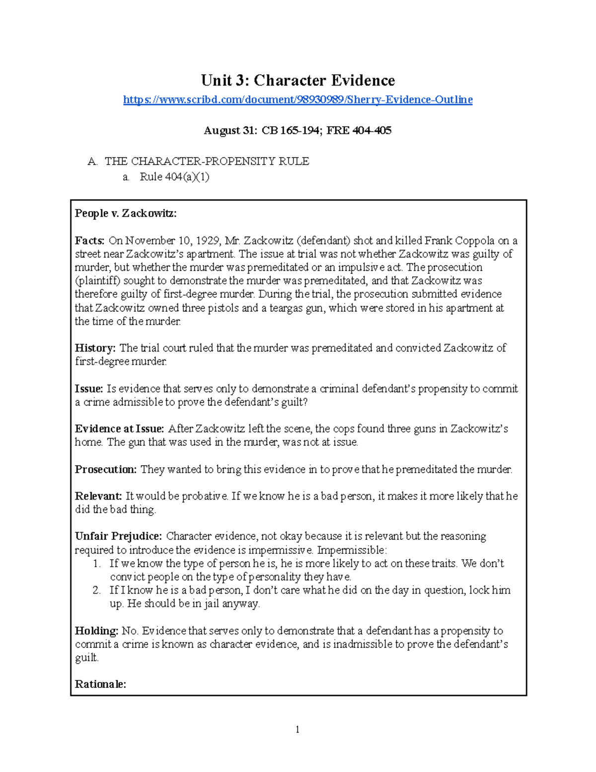 III. Character Evidence - Unit 3: Character Evidence - Studocu