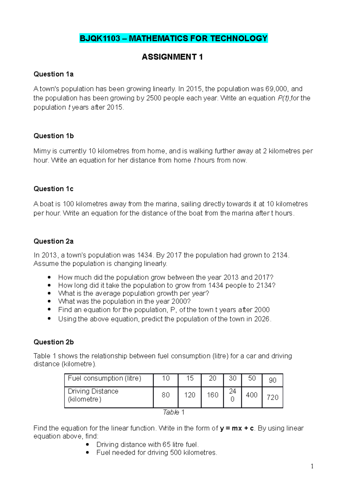 Group Assignment 1 BJQK1103 - BJQK1103 – MATHEMATICS FOR TECHNOLOGY ASSIGNMENT 1 Question 1a A ...