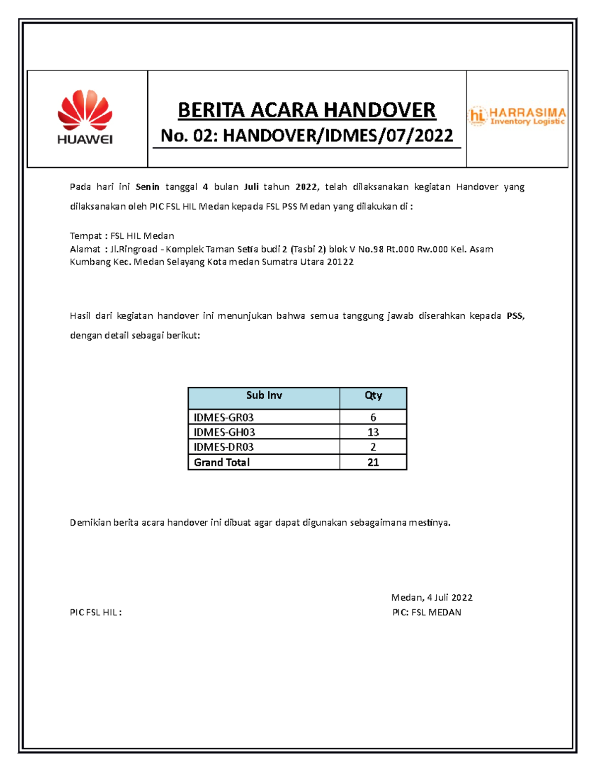 Berita Acara Handover FSL 04072022 - BERITA ACARA HANDOVER No. 02 ...