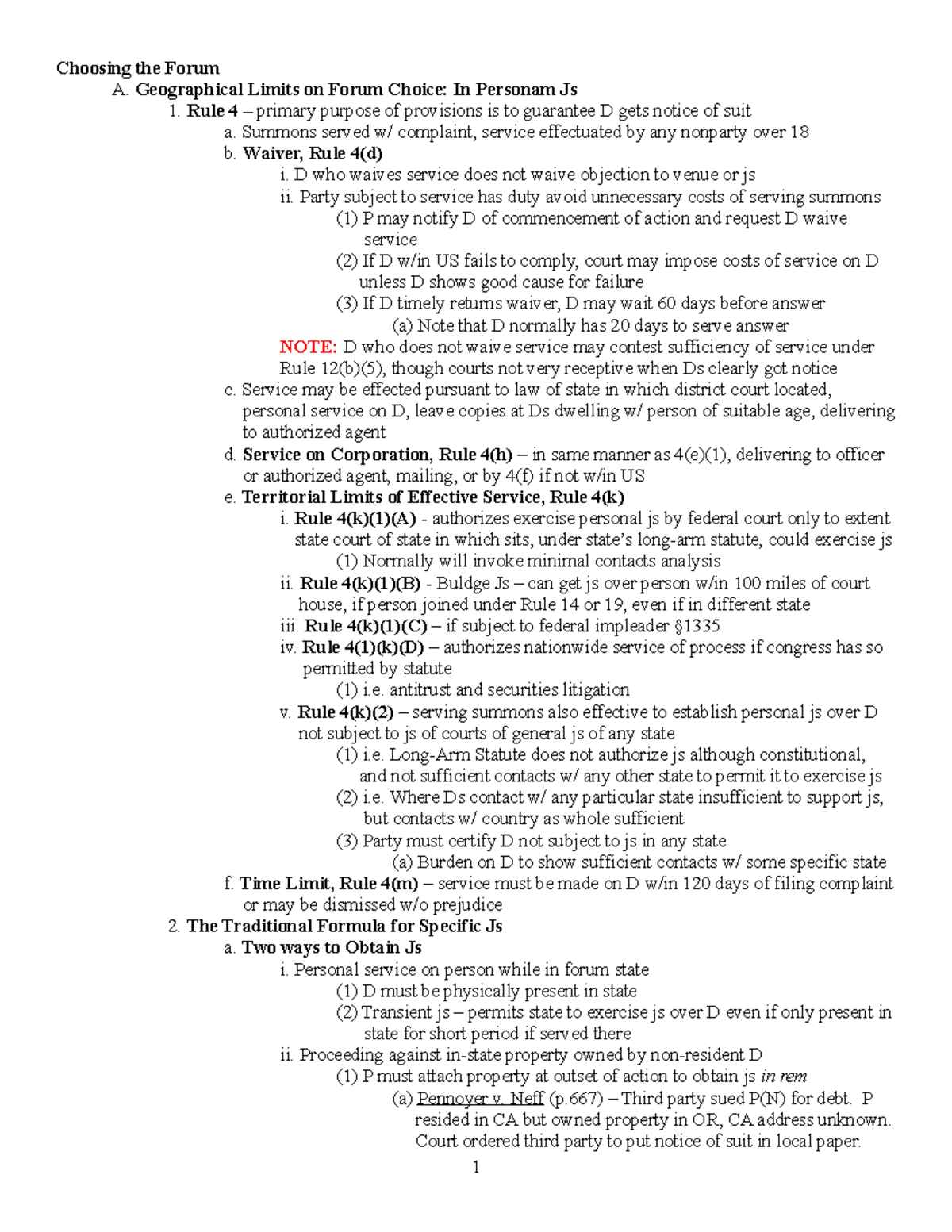 Civil Procedure - Prof Moody 3 - Choosing the Forum A. Geographical ...