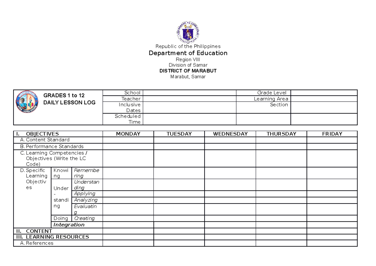 Daily Lesson Log Template English - Republic of the Philippines ...