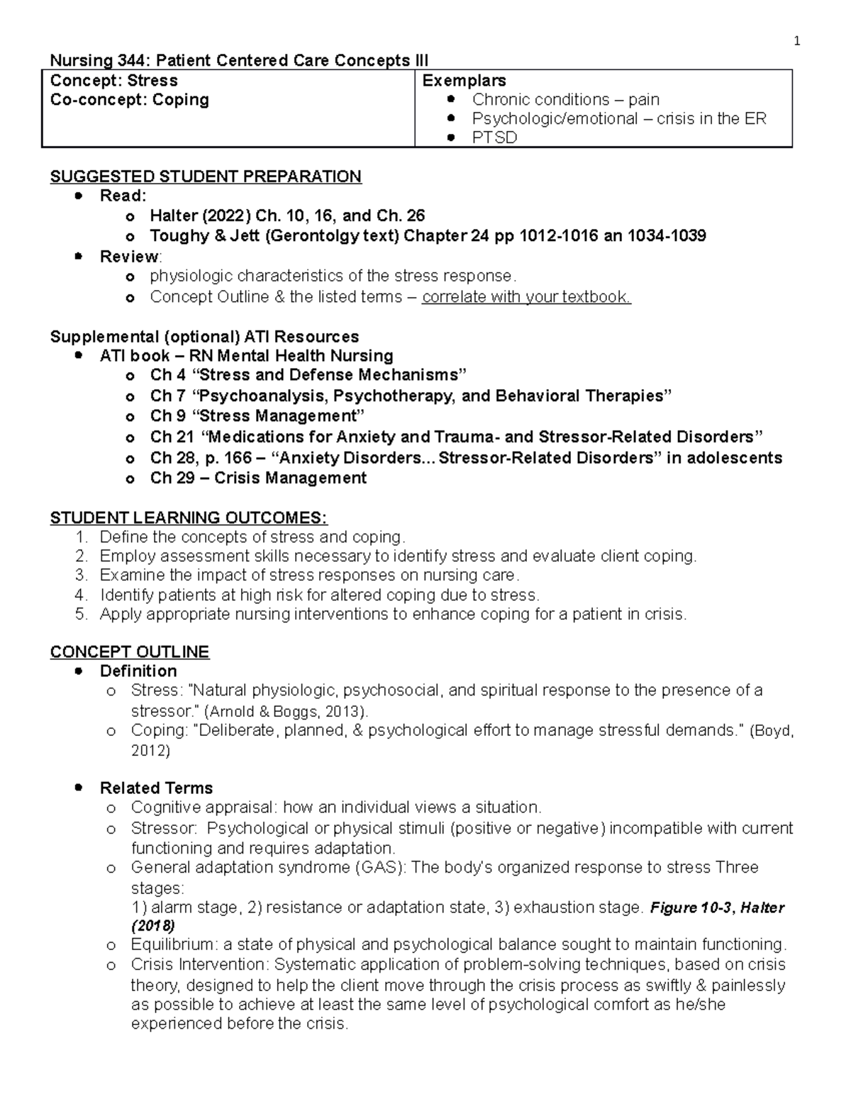 (1) Stress and Coping - Lecture Notes - 1 Nursing 344: Patient Centered ...