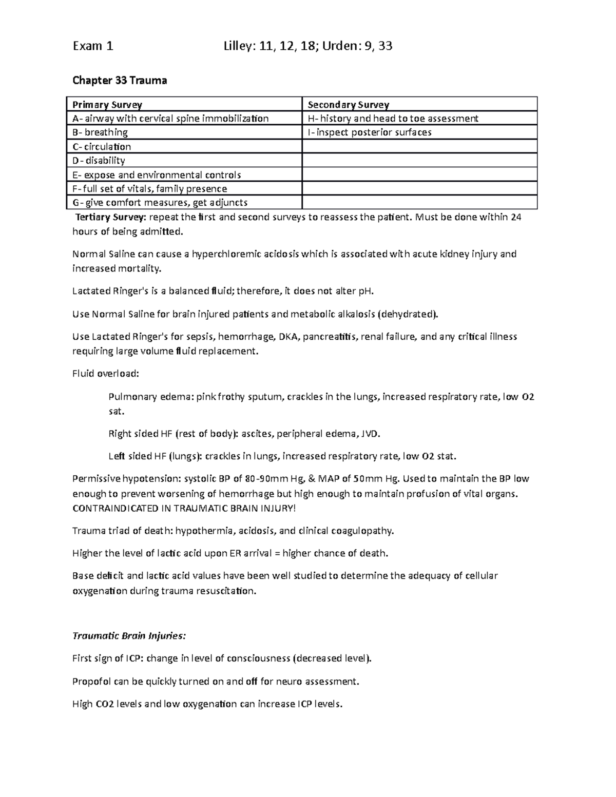 Exam 1 Notes - Trauma - Chapter 33 Trauma Primary Survey Secondary ...