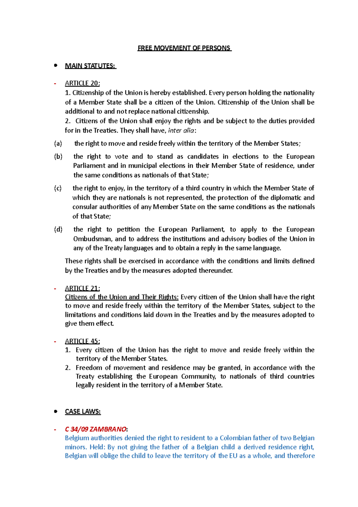 Free Movement of Persons - FREE MOVEMENT OF PERSONS MAIN STATUTES ...