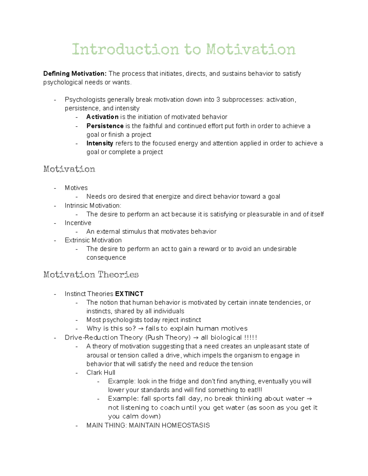 Introduction to Motivation Notes - Introduction to Motivation Defining ...