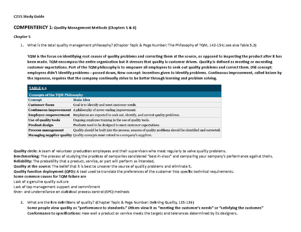 C215 Study Guide 1 - ch.5 and 6 - COMPENTENCY 1: Quality Management ...