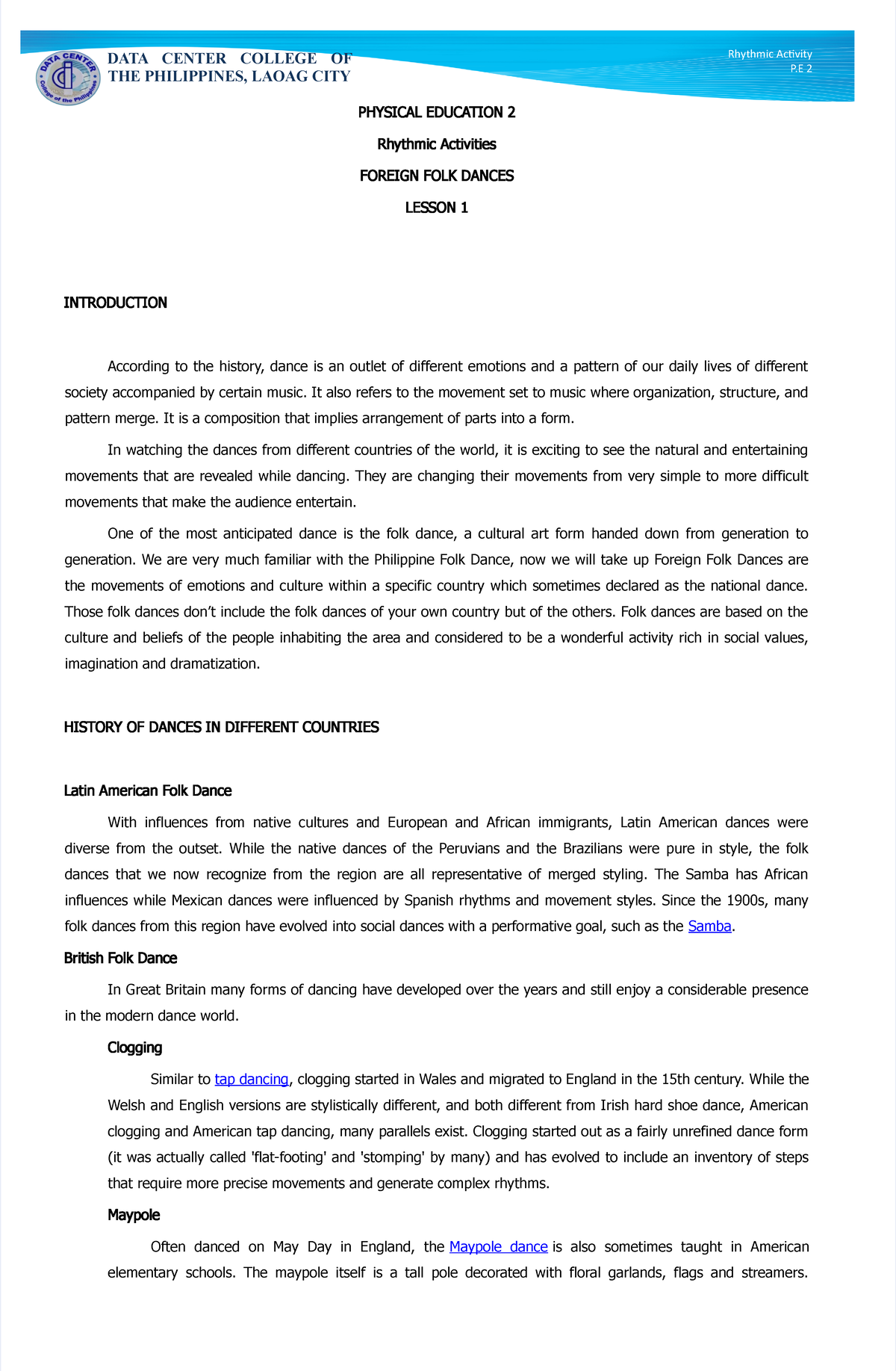 Midterm Module PE 2 - nokojnnkmlmn knk - PHYSICAL EDUCATION 2 Rhythmic Activities FOREIGN FOLK ...