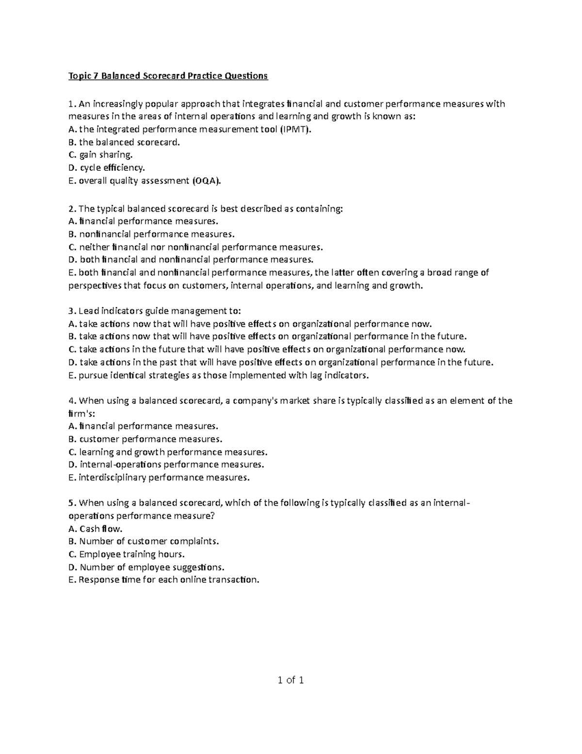 Topic 7 Balanced Scorecard Practice Questions - Topic 7 Balanced ...