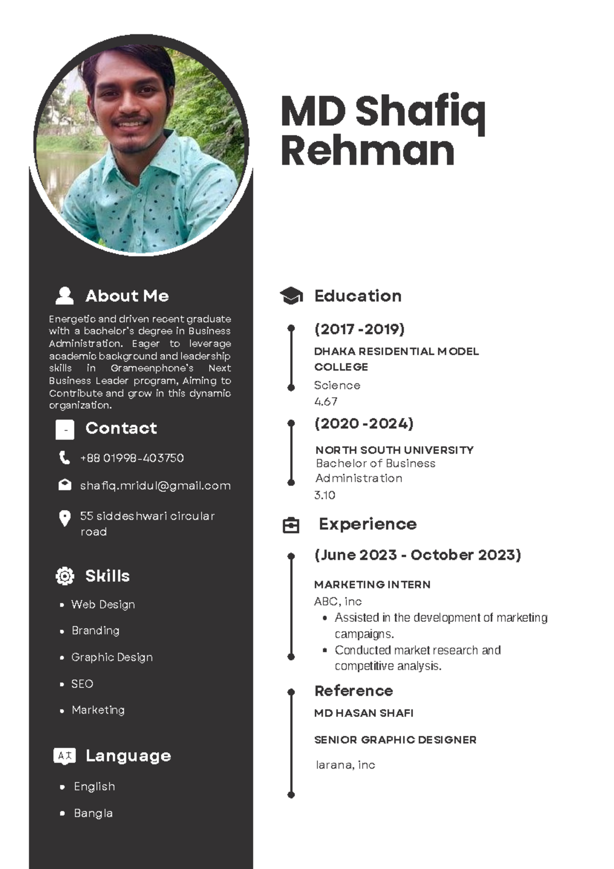 CV 101 deutonotolfgju - MD Shafiq Rehman Education Experience DHAKA RESIDENTIAL MODEL COLLEGE ...