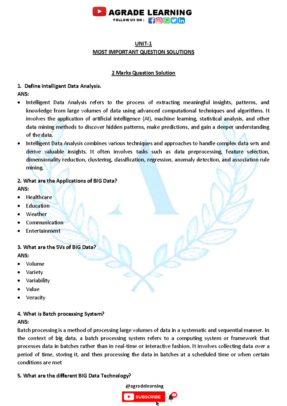 MOST IMP QUE UNIT-1 Solution - FOLLOW US ON : UNIT- MOST IMPORTANT QUESTION SOLUTIONS 2 Marks ...