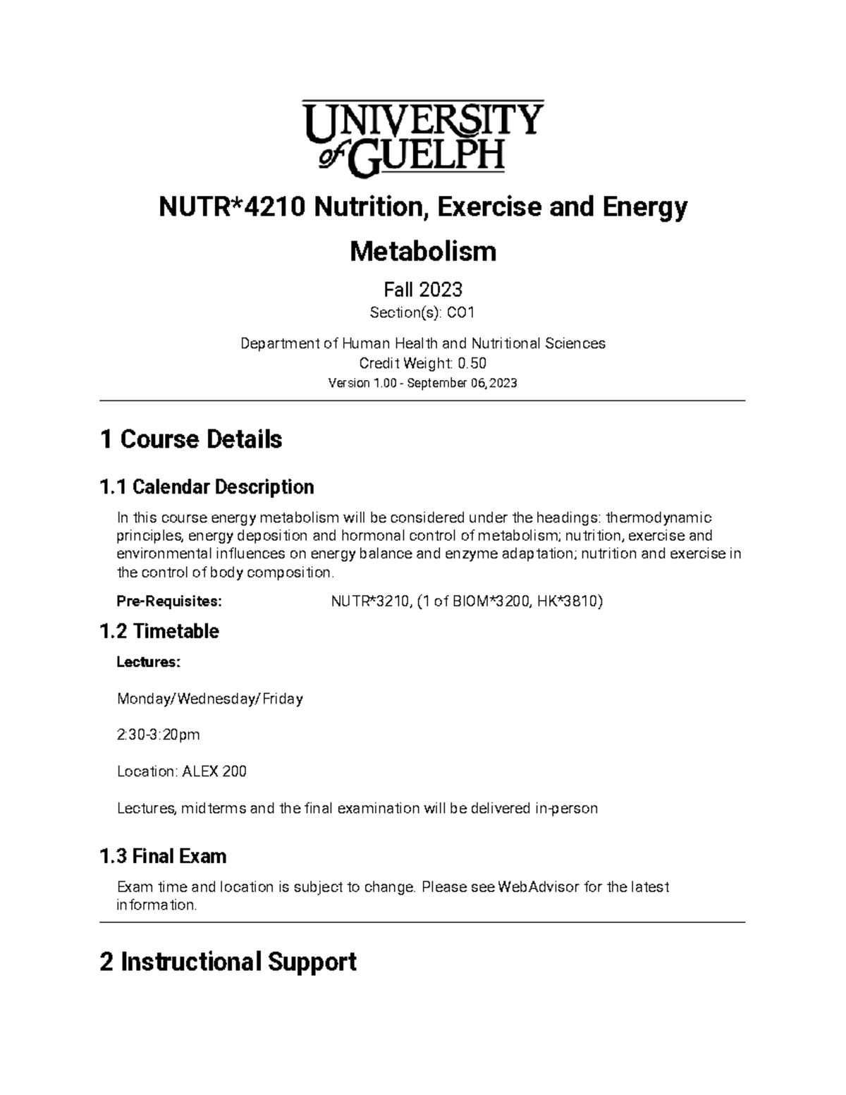 Nutrition Exercise and Energy Metabolism Course Outline - NUTR*4210 ...