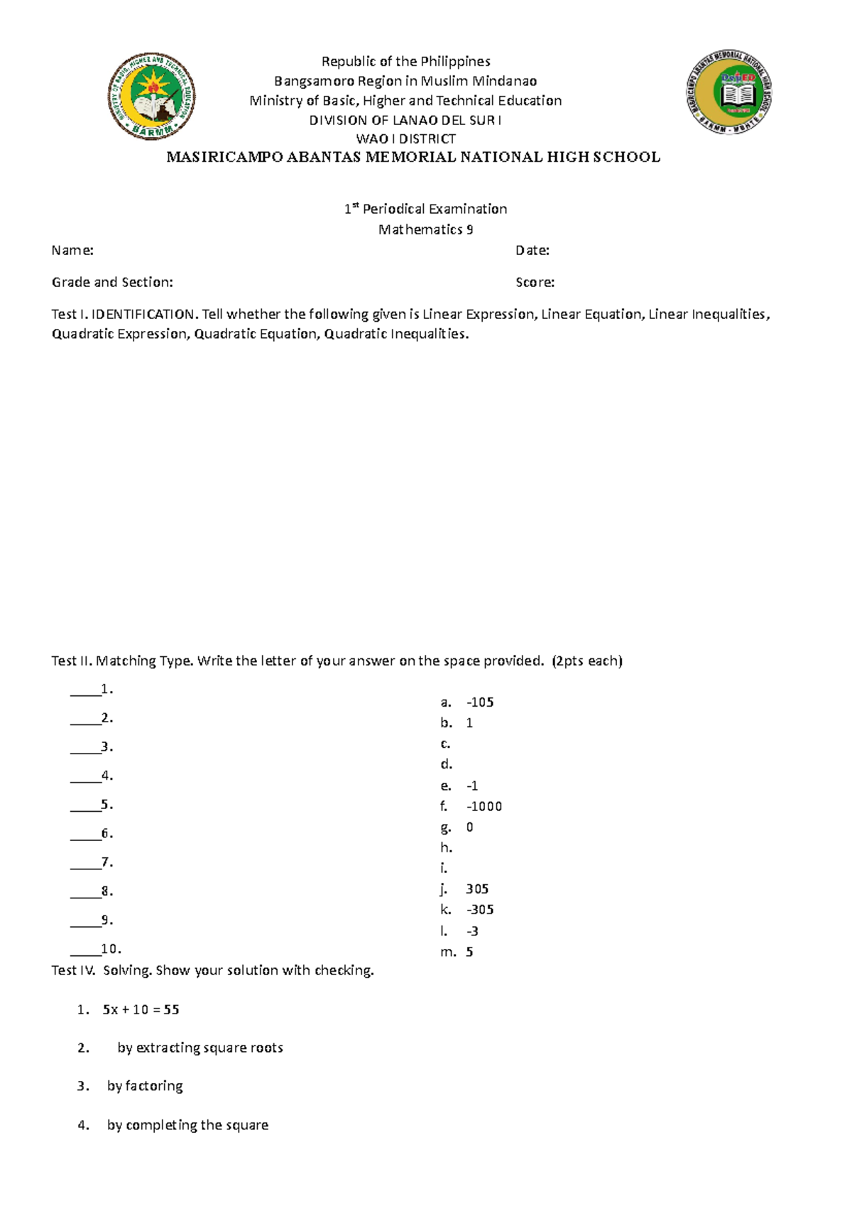 Grade 9 1st Periodical exam 2022-2023 9-A - Republic of the Philippines ...