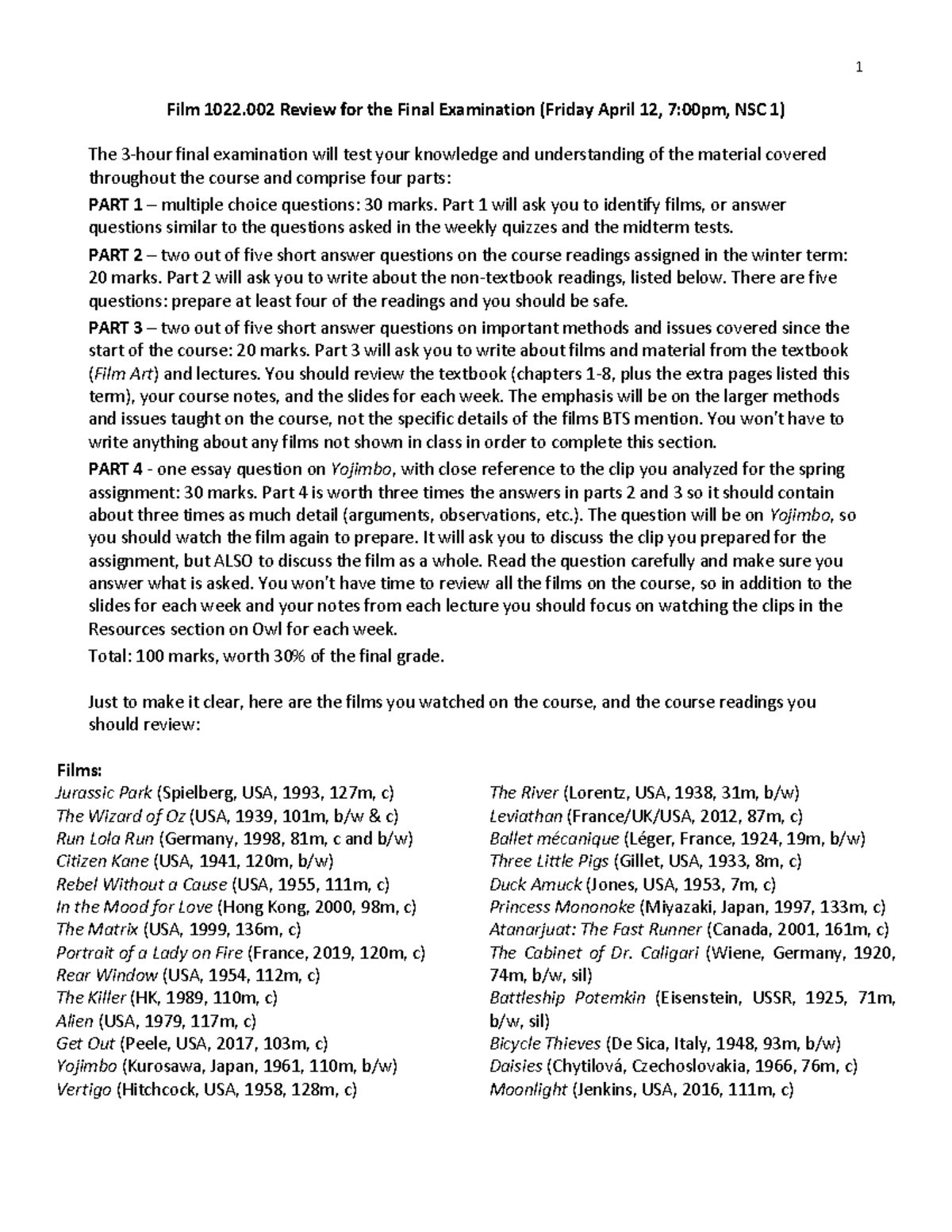 1022.002 Final Examination 2024 Review - Film 1022 Review for the Final ...