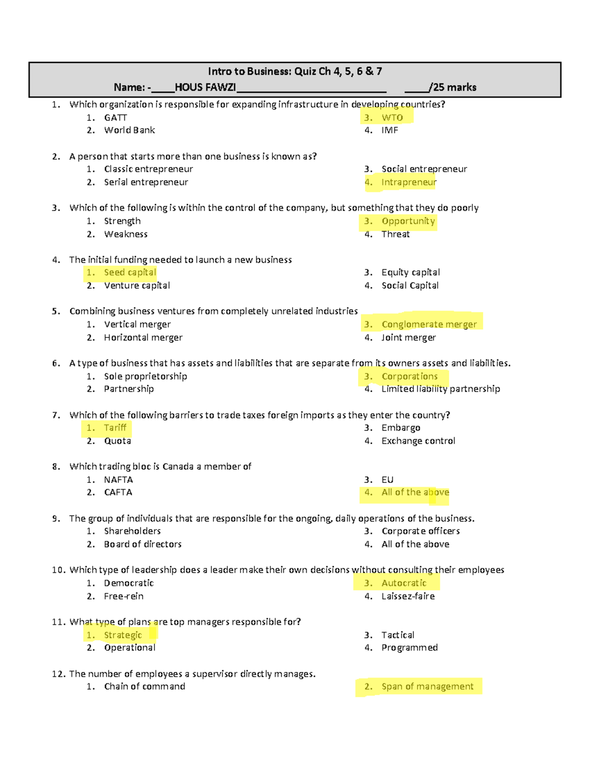 2nd QWiss - SCLM - Intro to Business: Quiz Ch 4, 5, 6 & 7 Name: -HOUS ...