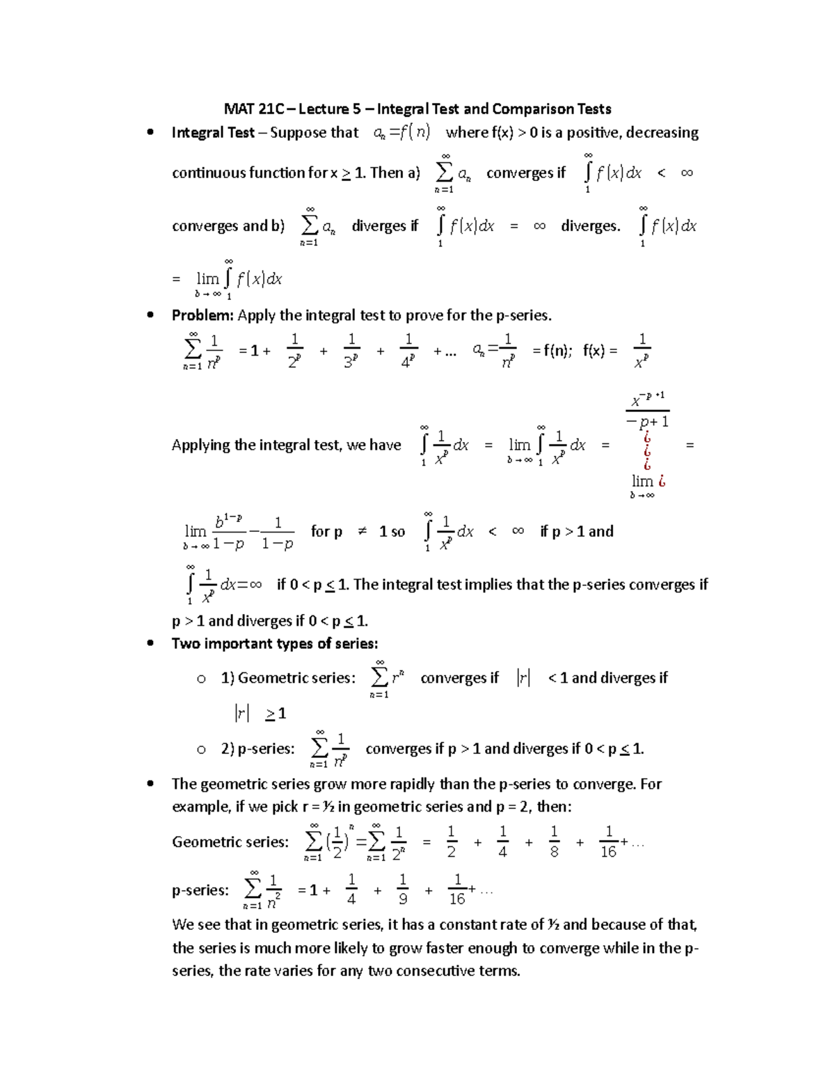 MAT 21C – Lecture 5 – Integral Test and Comparison Tests - MAT 21C ...