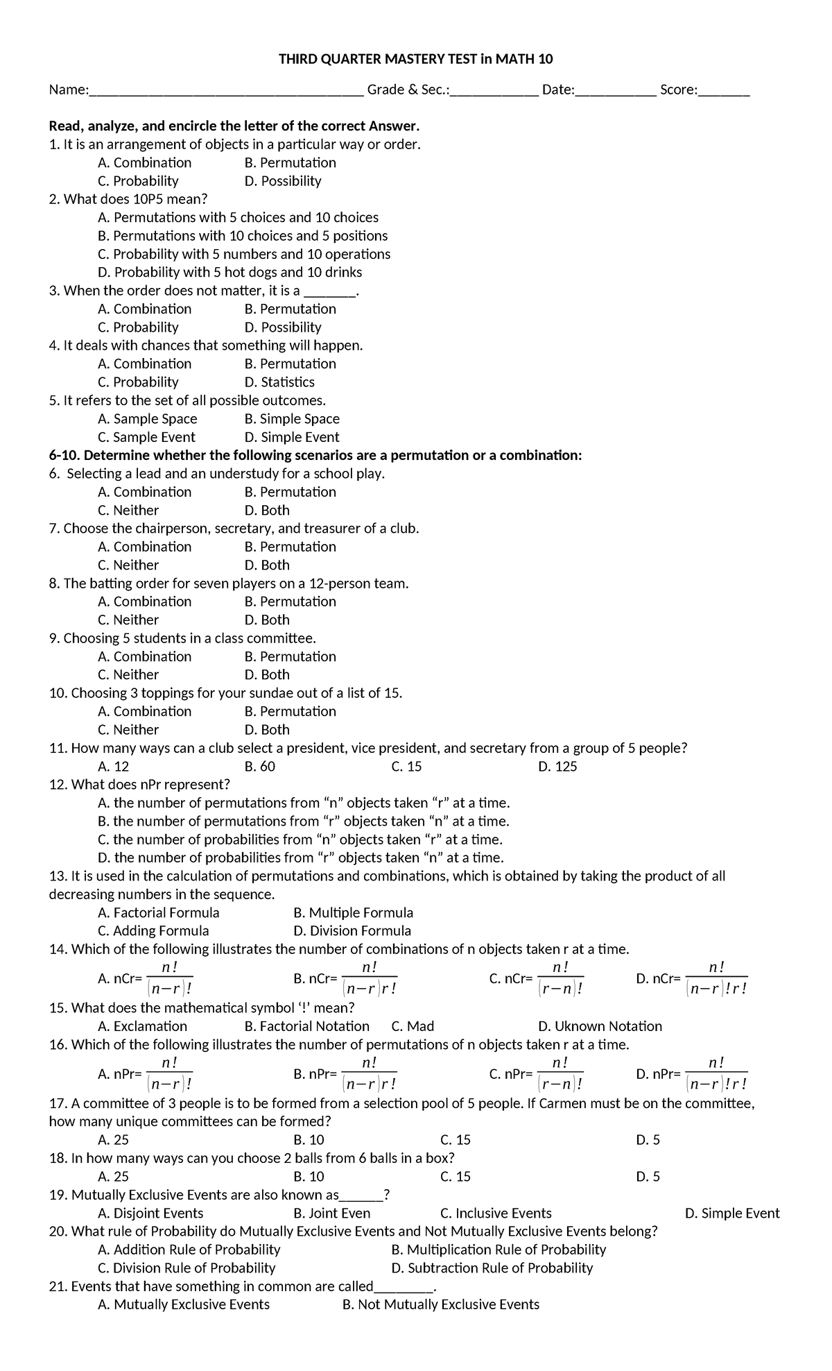 3rd Q Mastery Test Multiple Choice Test Grade 10 - THIRD QUARTER ...