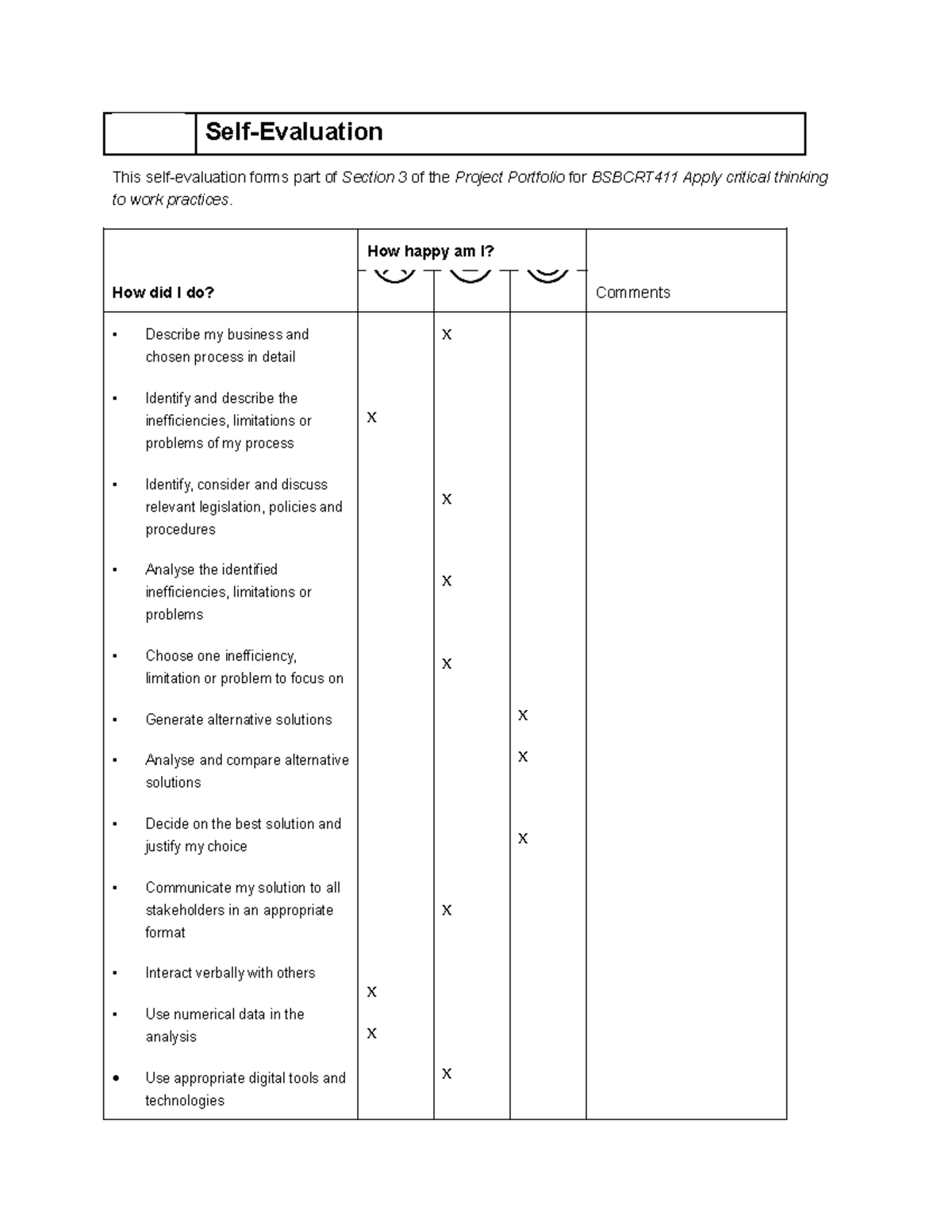 Bsbcrt 411 Self-evaluation - Self-Evaluation This self-evaluation forms ...