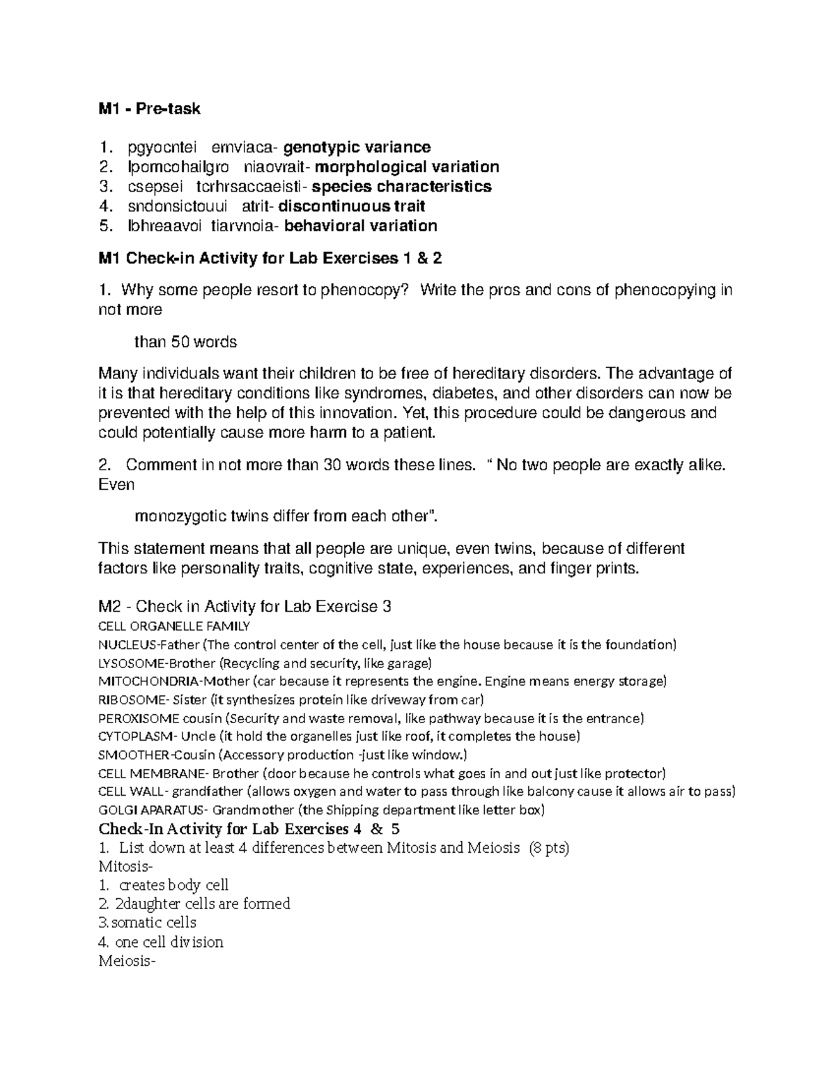 M1 M10 genetics answer lec and lab - M1-Pre-task pgyocnteiernviaca ...