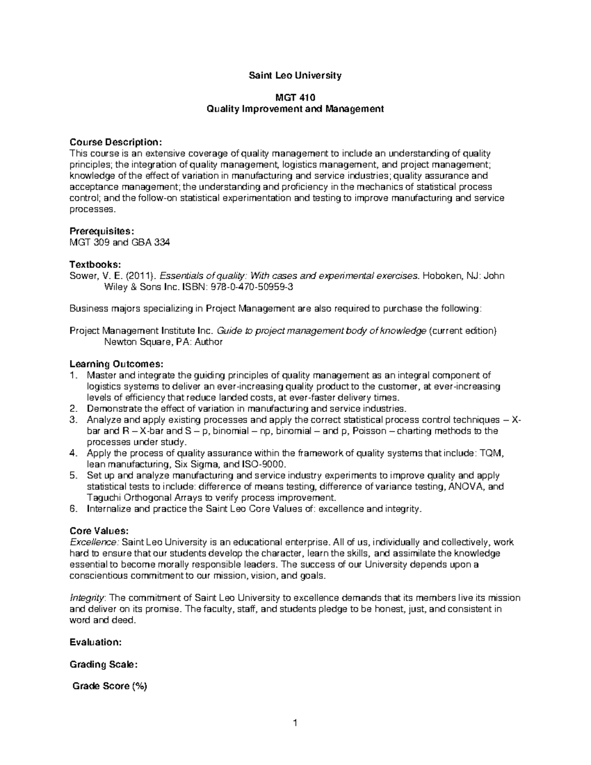 MGT410 Syllabus - Notes - Saint Leo University MGT 410 Quality ...