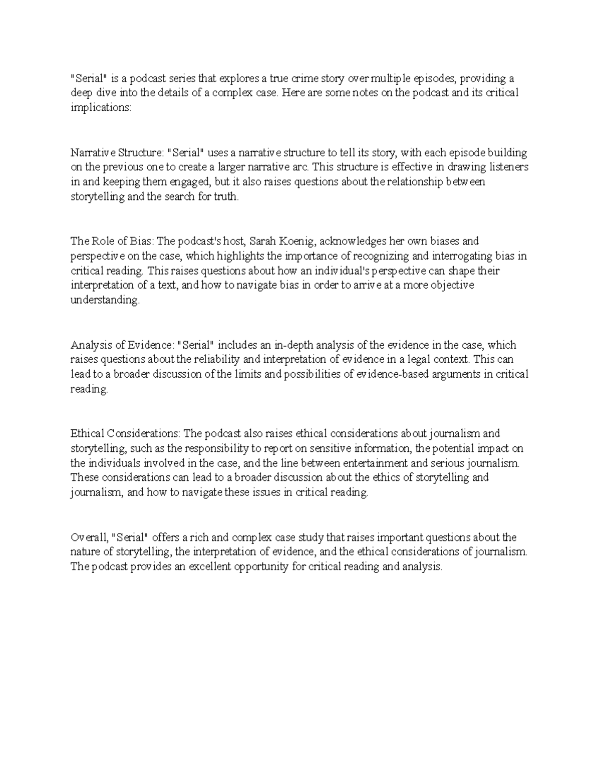 CR3 - notes on serial podcast in critical reading - "Serial" is a ...