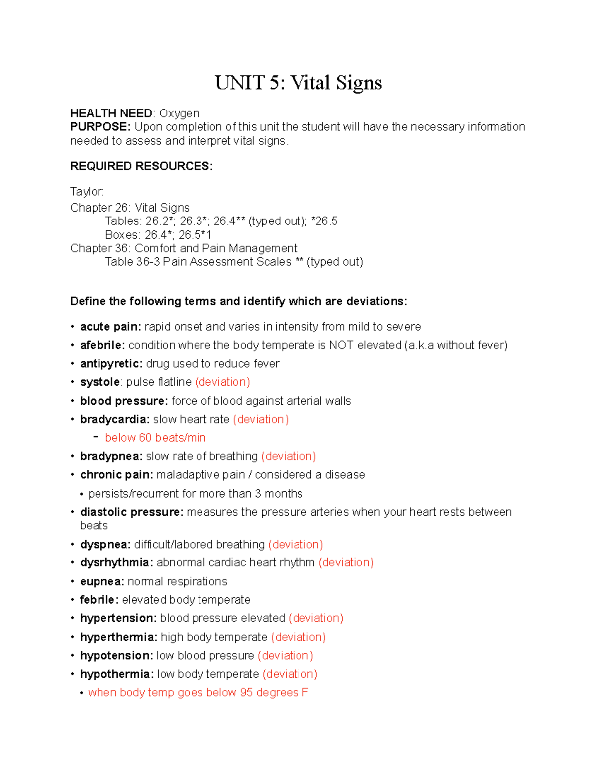 Unit #5 Vital Signs - UNIT 5: Vital Signs HEALTH NEED: Oxygen PURPOSE ...