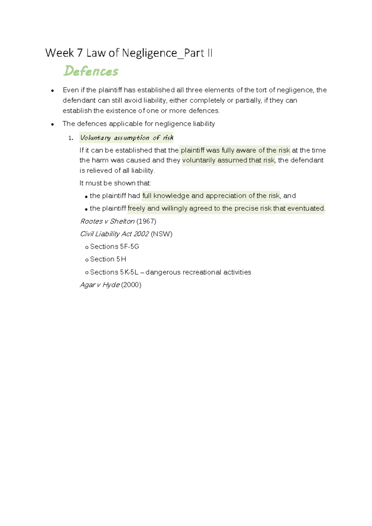 Week 7 Law of Negligence - Week 7 Law of Negligence_Part II Defences ...