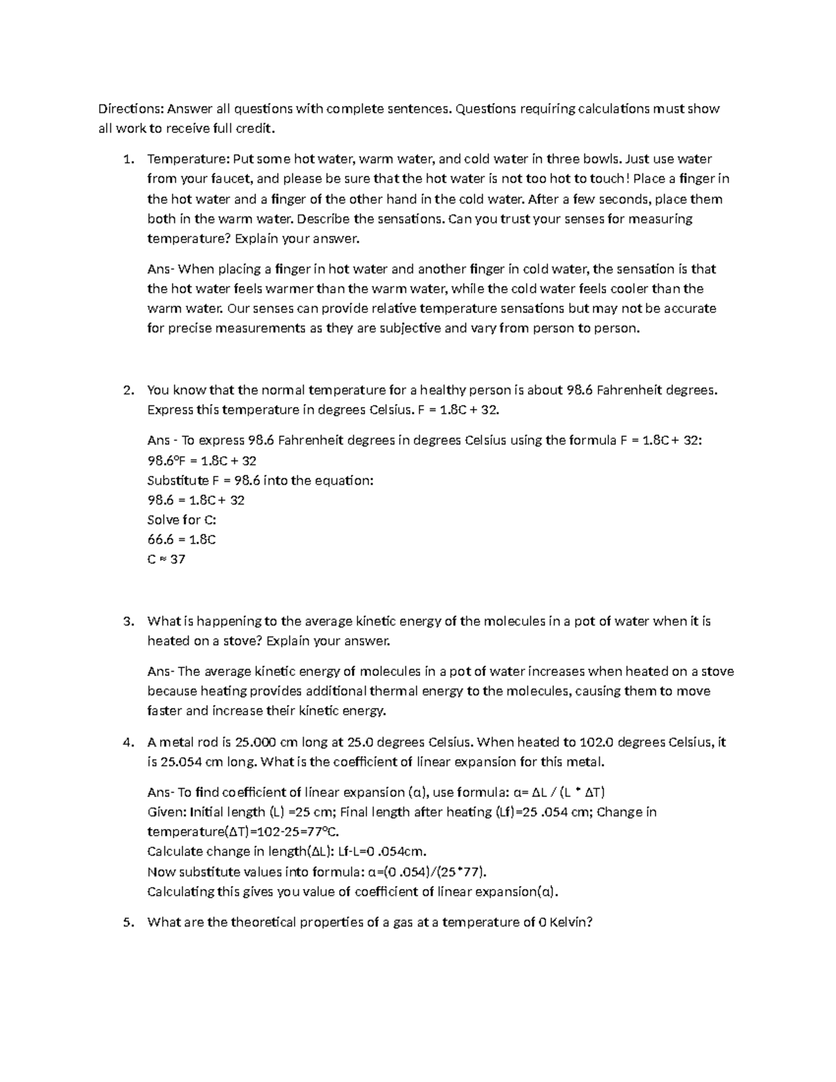 Temparture - dydh - Directions: Answer all questions with complete ...