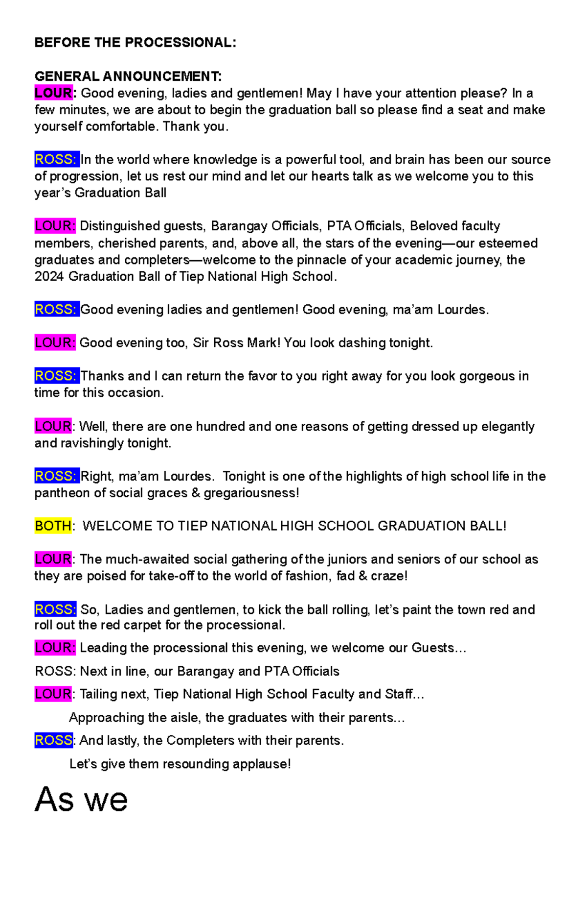 Graduation BALL Script - BEFORE THE PROCESSIONAL: GENERAL ANNOUNCEMENT ...