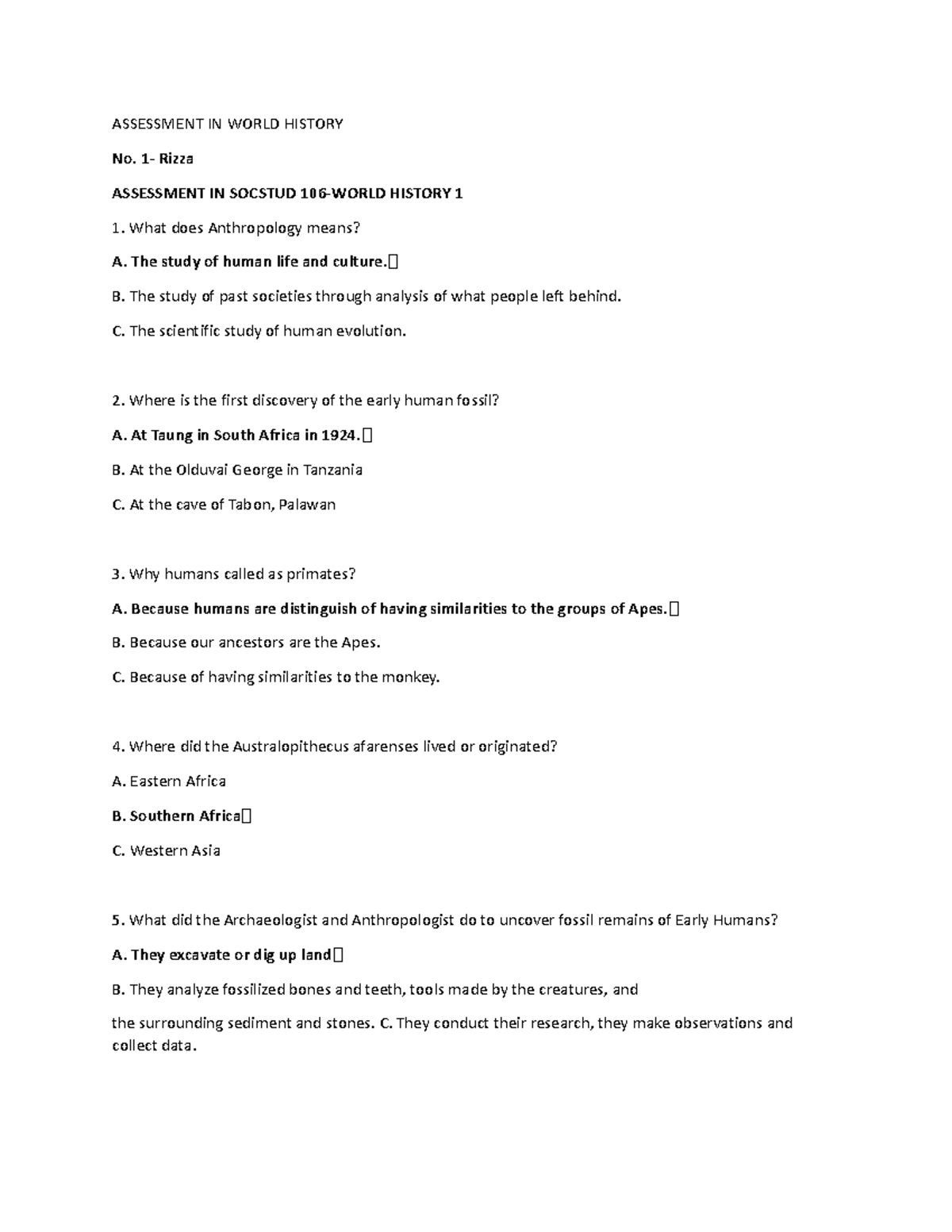 Assessment IN World History - ASSESSMENT IN WORLD HISTORY No. 1- Rizza ...