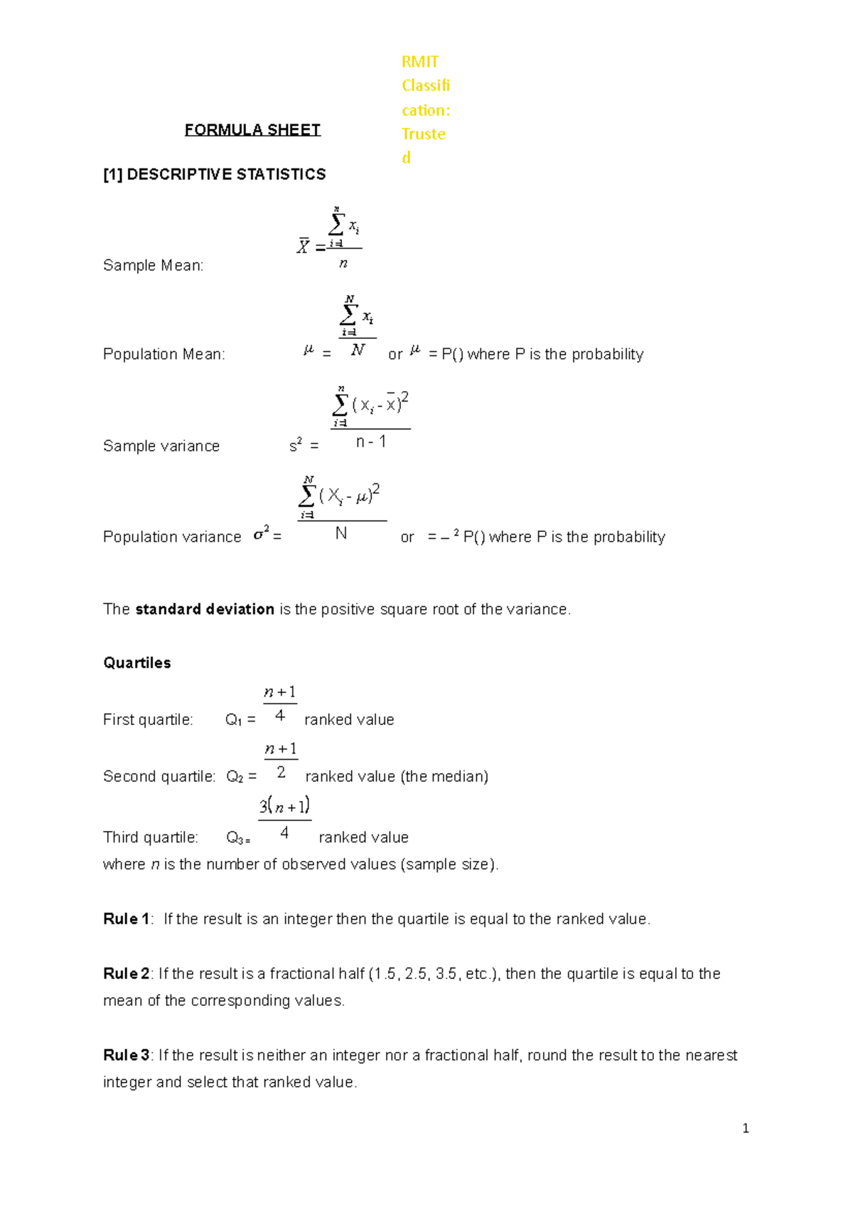 Business Stats Formula Sheet - FORMULA SHEET [1] DESCRIPTIVE STATISTICS ...