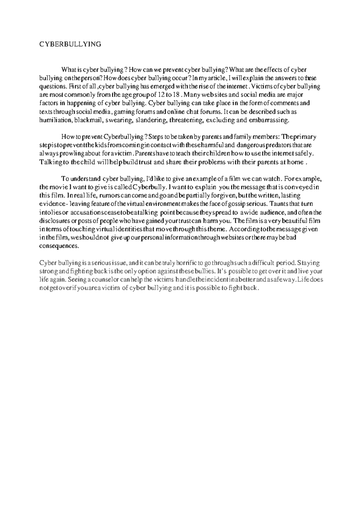 Essay-complete-cyberbullying 3 - CYBERBULLYING What is cyber bullying ...