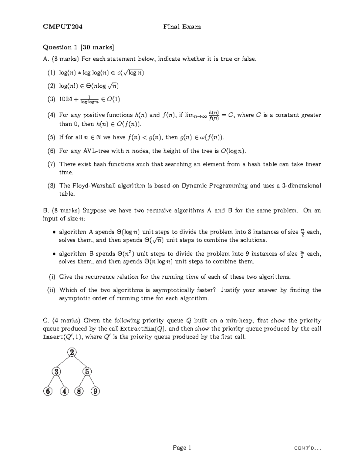 F-q1-v1 - Final Practice - CMPUT204 Final Exam Question 1 [30 marks] A ...