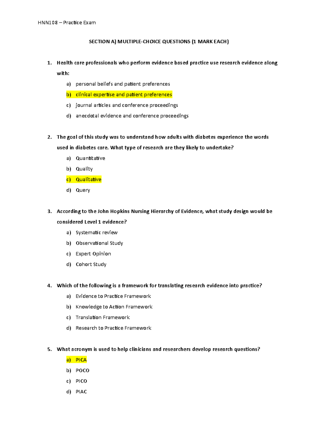 Practice Exam 2020 - SECTION A) MULTIPLE-CHOICE QUESTIONS (1 MARK EACH ...