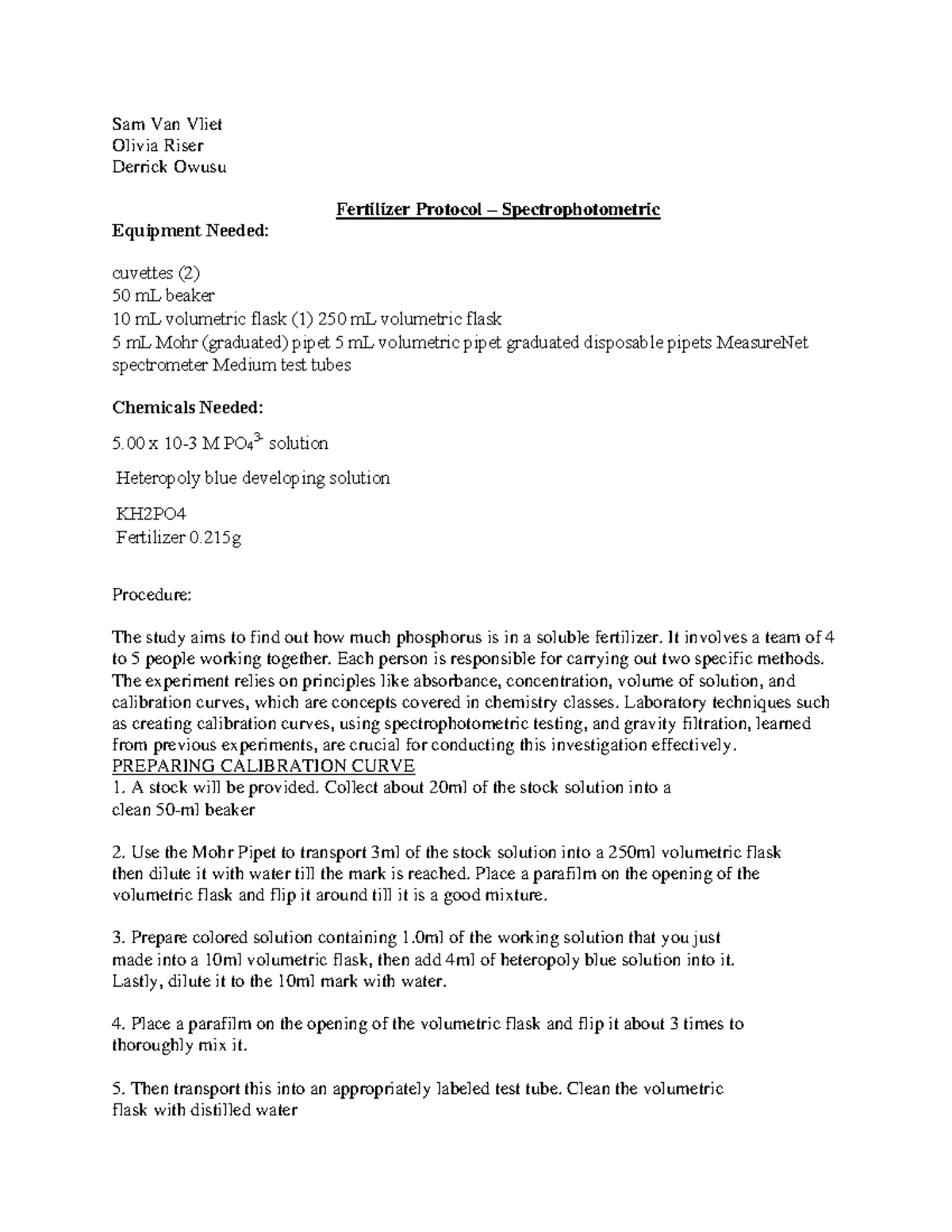 Fertilizer Protocol - Sam Van Vliet Olivia Riser Derrick Owusu ...