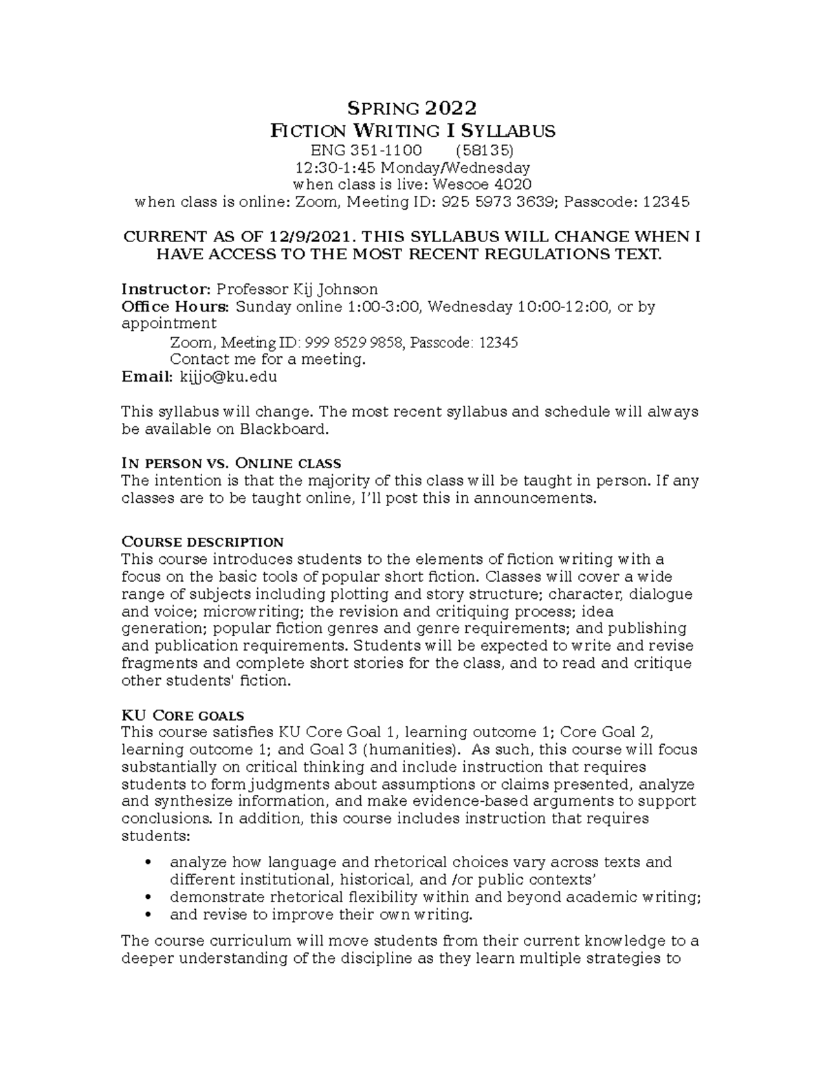 351 spring 2022 syllabus final - SPRING 2022 FICTION WRITING I SYLLABUS ENG 351-1100 (58135 ...