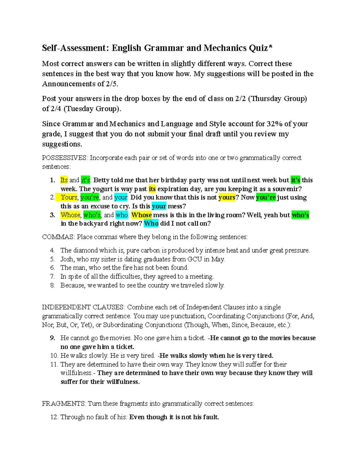 Elements of Style Quiz Questions-Progress - Self-Assessment: English ...