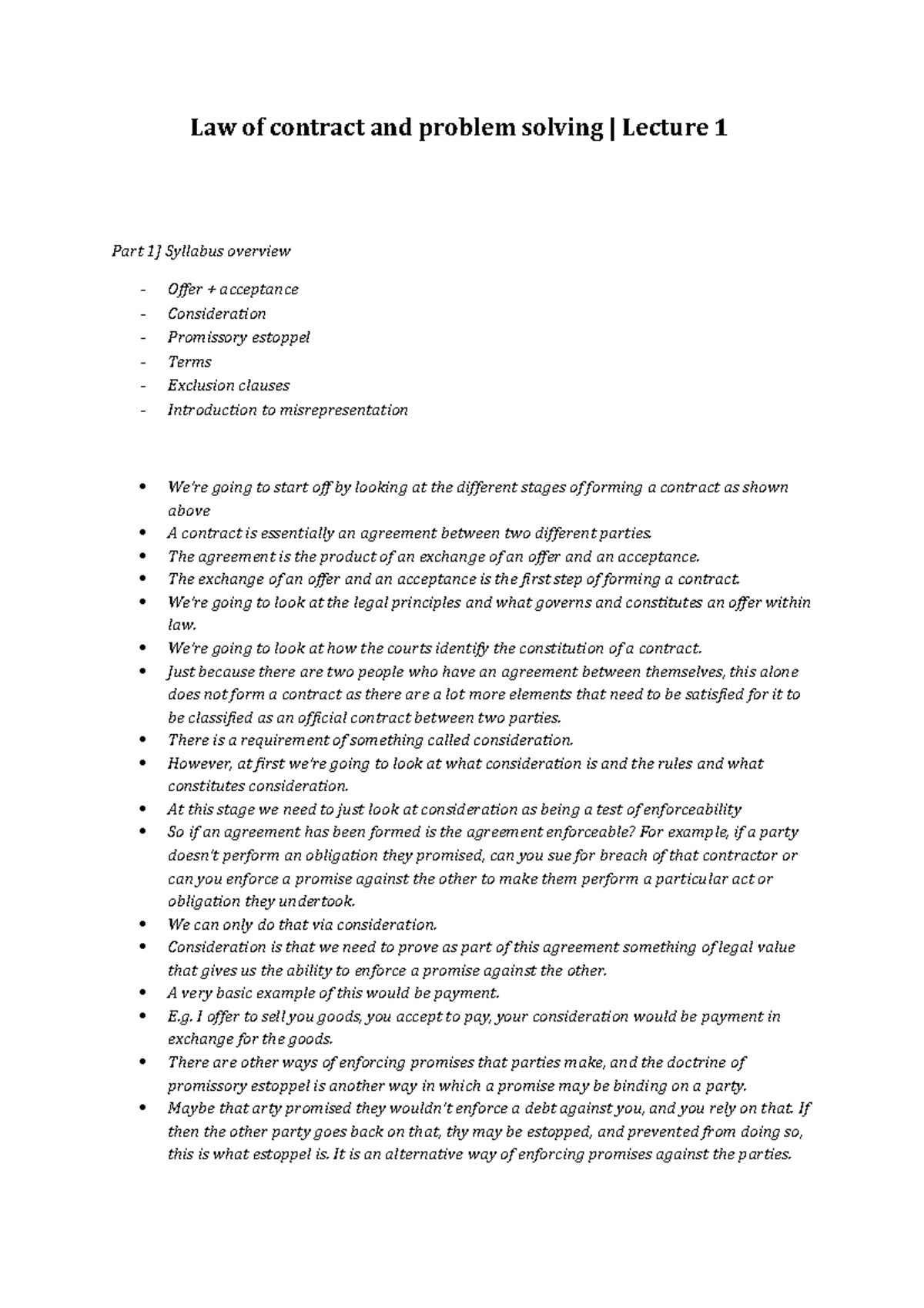 Lecture 1 - Contract Law, Ryan Murray - Law of contract and problem solving Lecture 1 Part ...