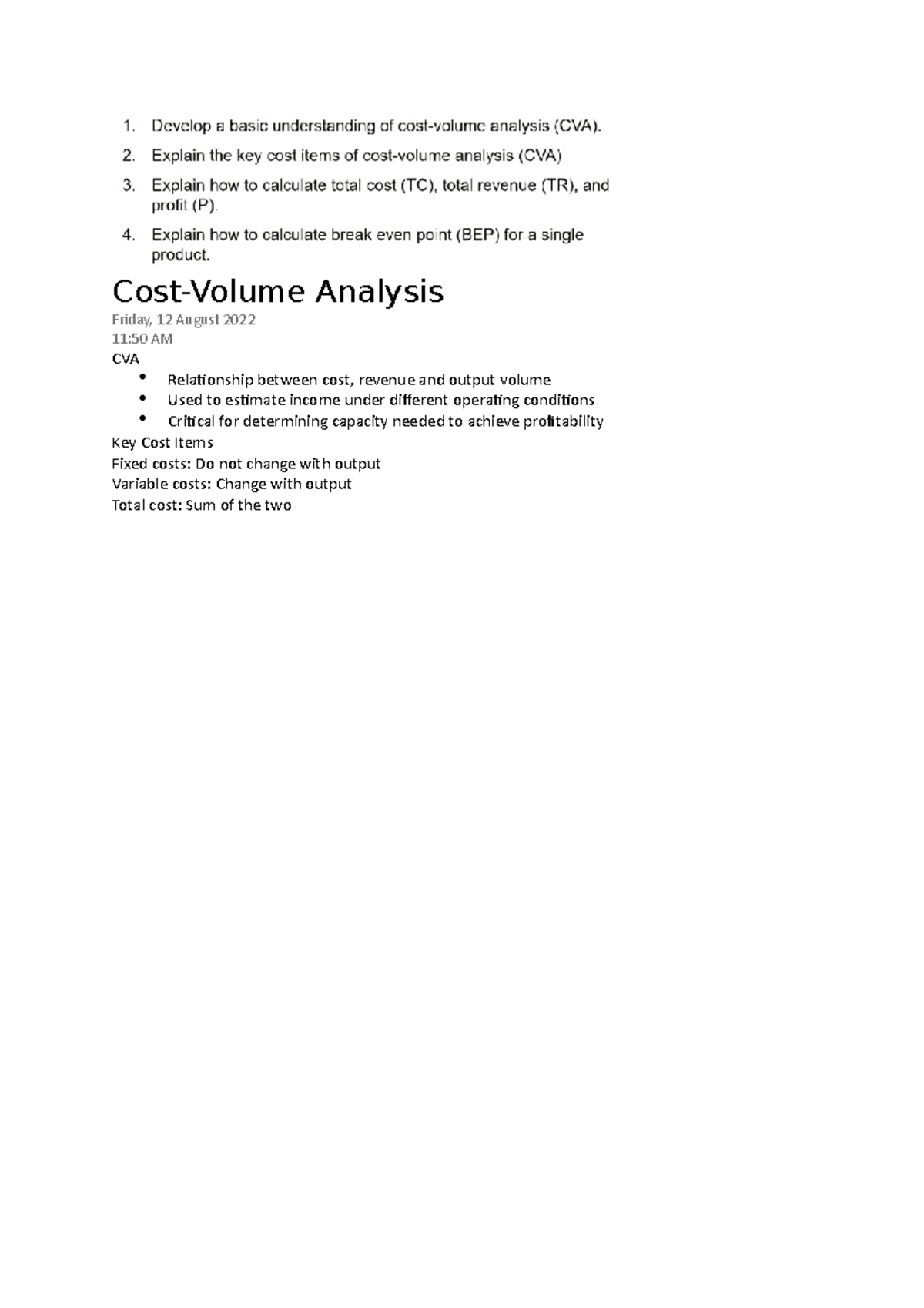 Cost Volume Analysis Notes and Examples - Cost-Volume Analysis Friday ...