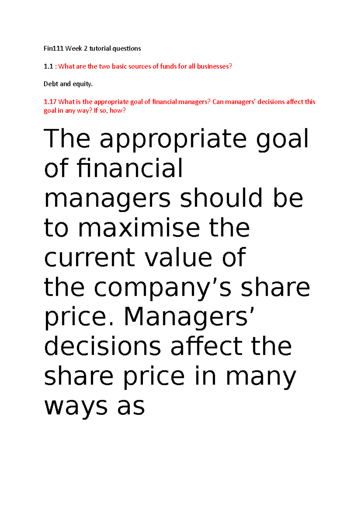 Fin111 Week 2 tutorial questions and answers - FIN 111 - UOW - Studocu
