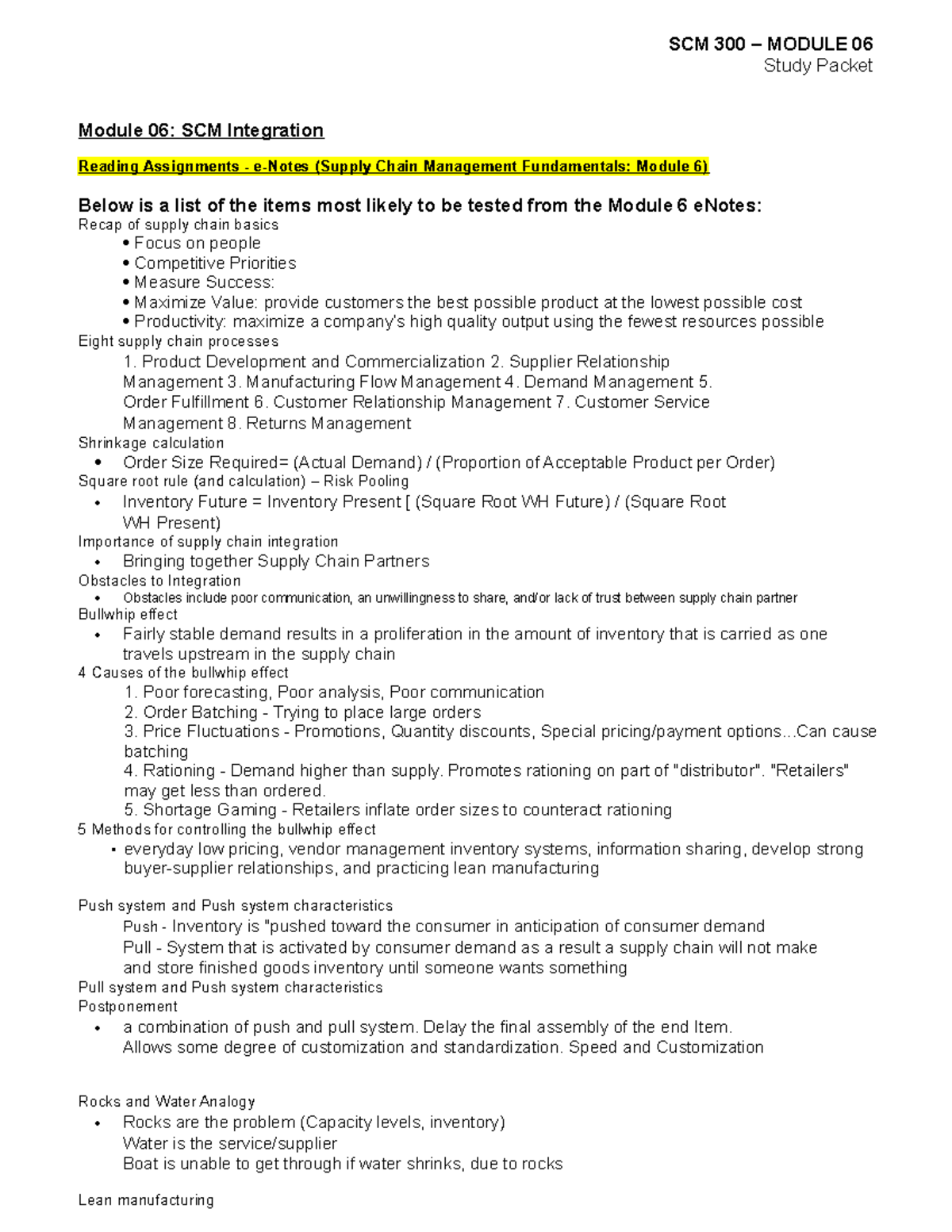 Modue 6 Study Guide - SCM 300 – MODULE 06 Study Packet Module 06: SCM ...