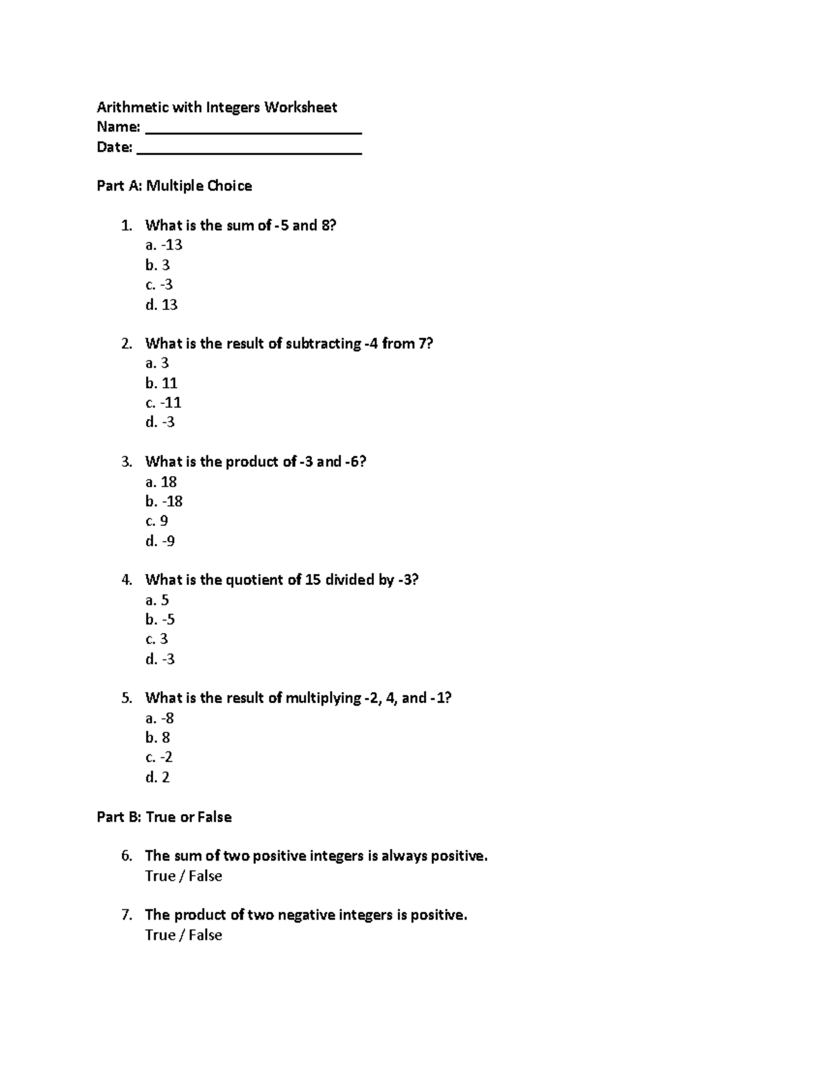 *Key*Arithmetic with Integers Worksheet - Arithmetic with Integers ...
