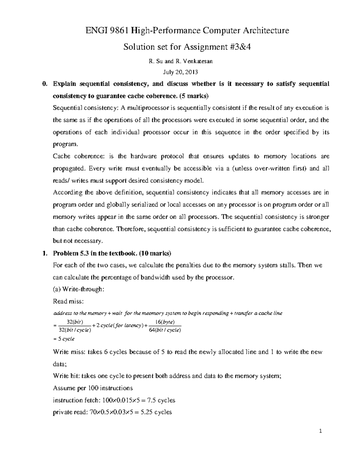 Assign #34 Solution 2013 - ENGI 9861 High-Performance Computer Architecture Solution set for ...