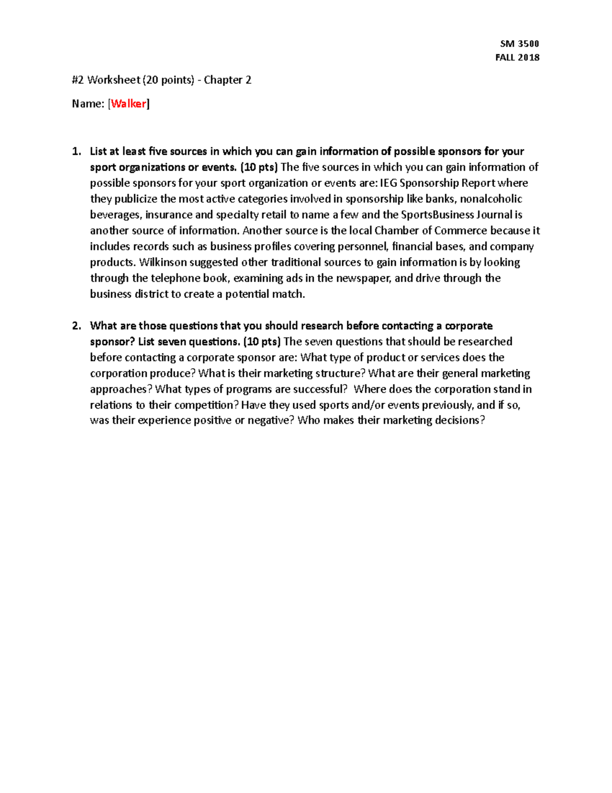 Walker #2 Worksheet - SM 3500 FALL 2018 #2 Worksheet (20 points ...