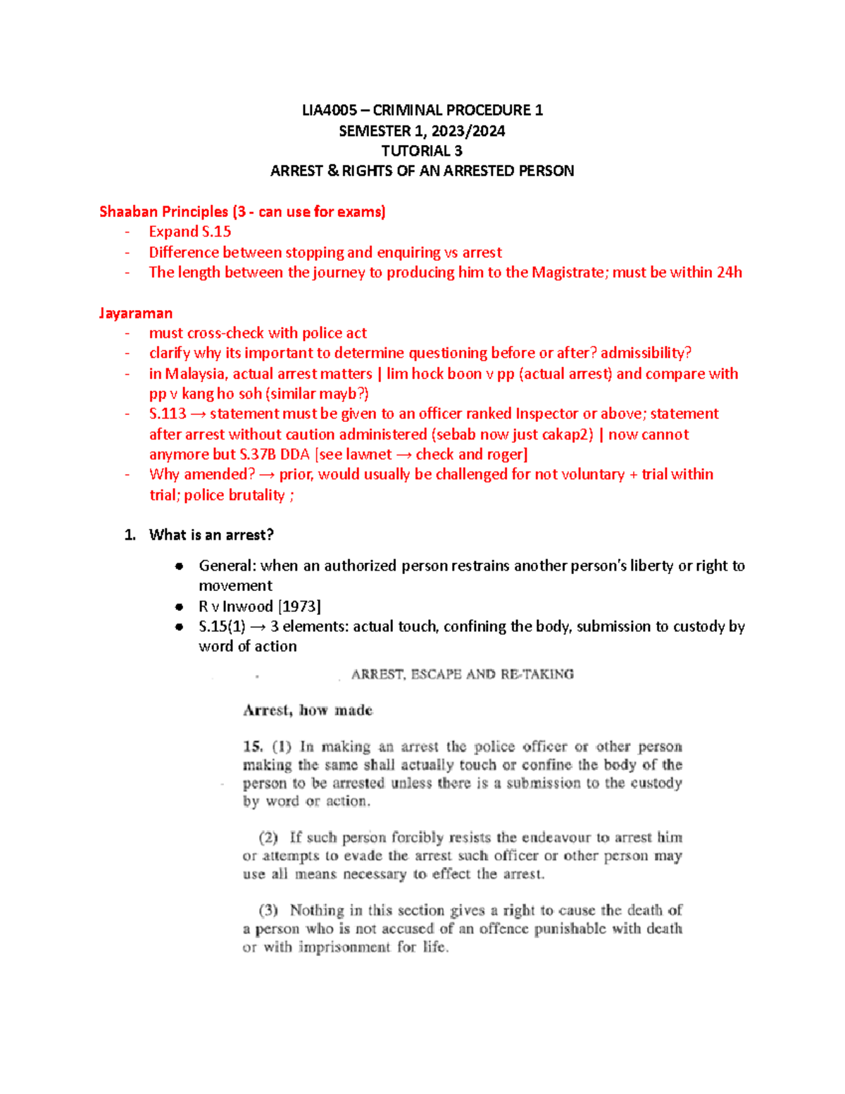 Tutorial 3 Arrest - LIA4005 – CRIMINAL PROCEDURE 1 SEMESTER 1, 2023/ TUTORIAL 3 ARREST & RIGHTS ...
