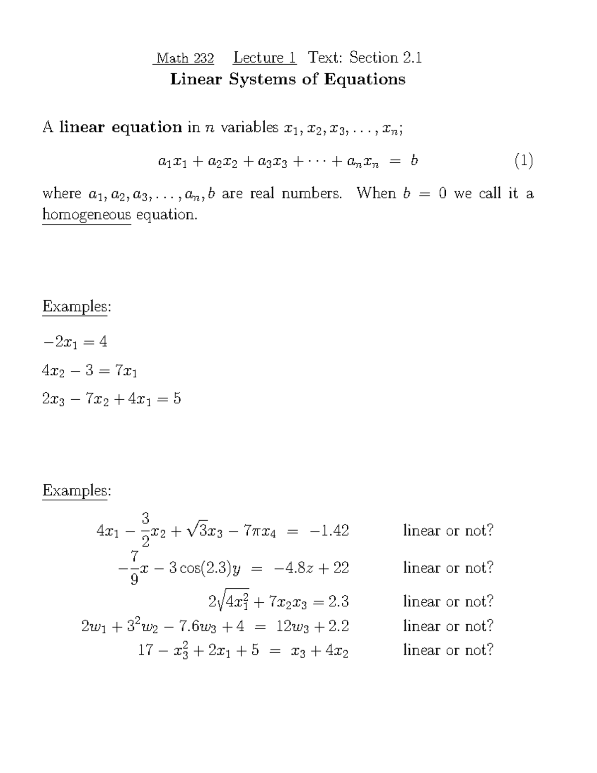 Lecture 1slides Math 232 - Math 232 Lecture 1 Text: Section 2. Linear ...
