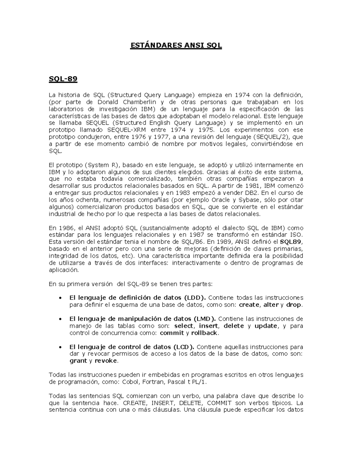 Estandares ANSI-SQL - Ansi SQL resumen - EST¡NDARES ANSI SQL SQL- La historia de SQL (Structured ...