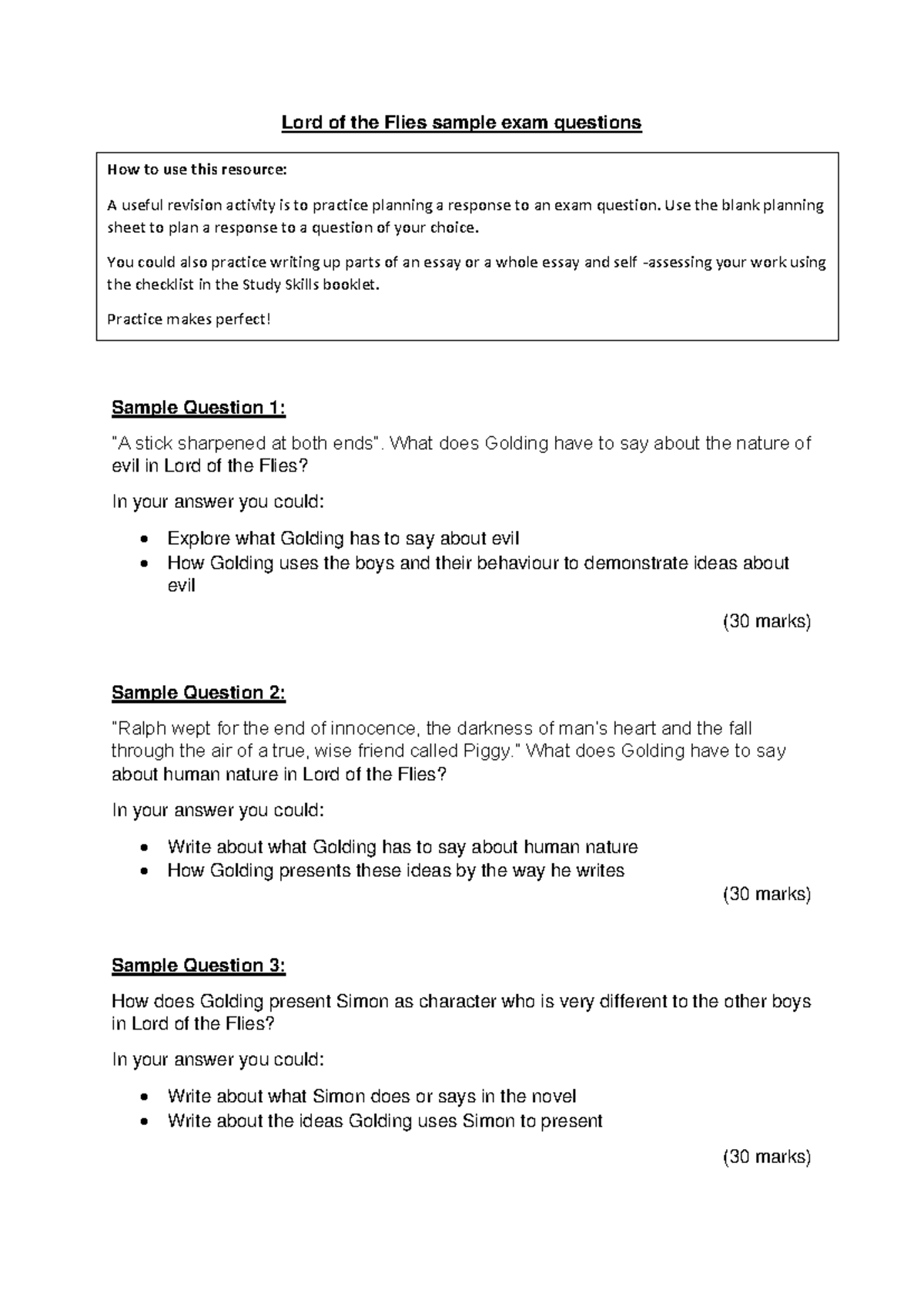 Lord of the Flies sample exam questions - What does Golding have to say ...