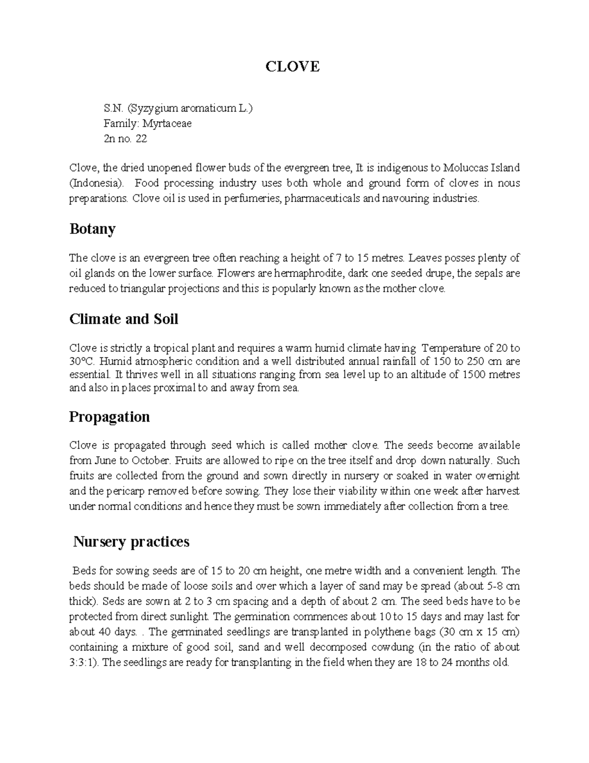 Production technology of Clove - CLOVE S. (Syzygium aromaticum L ...
