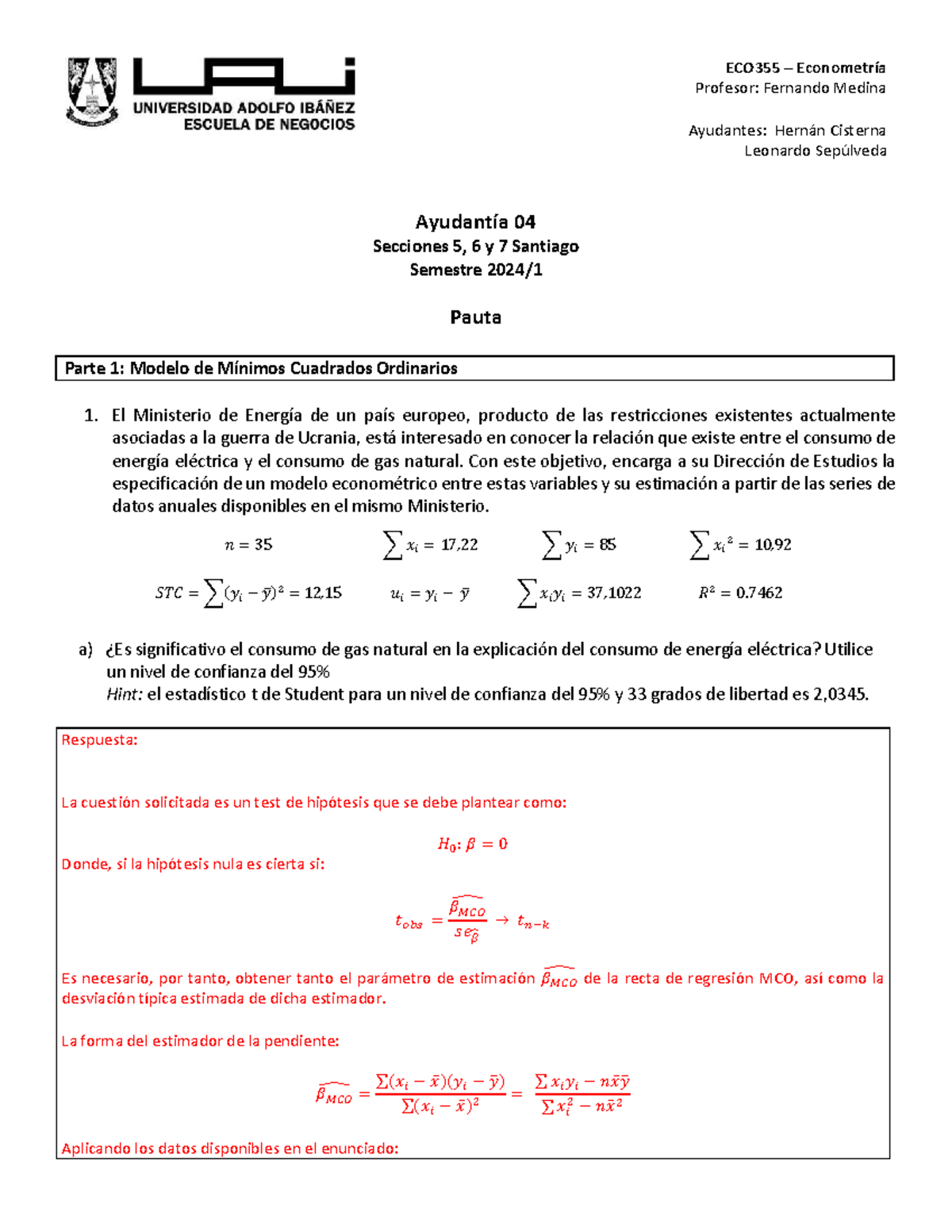 Ayudantía 04 - Pauta - ayudantia - ECO 355 – Econometría Profesor ...