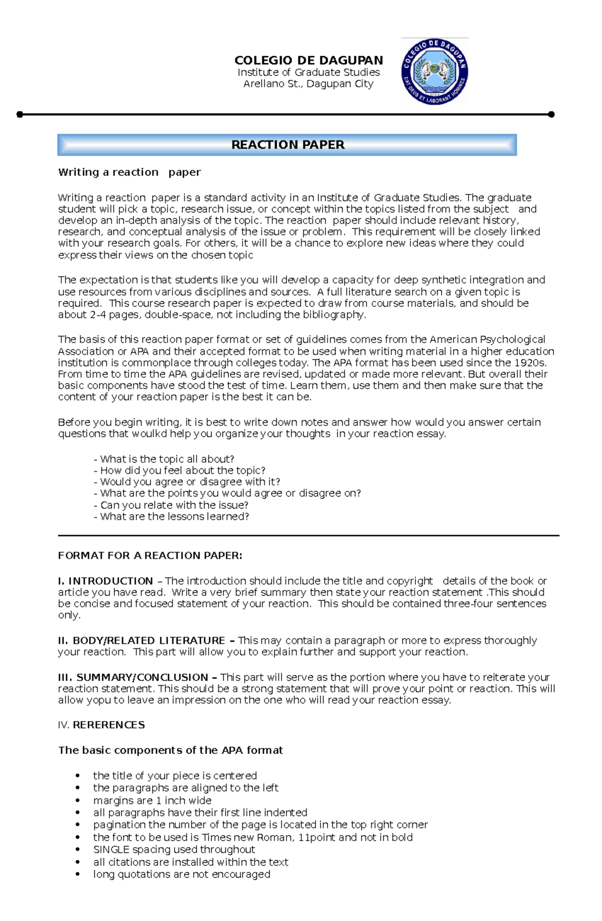 CDD Reaction Paper Guidelines - COLEGIO DE DAGUPAN Institute of ...